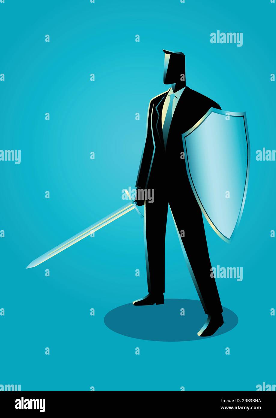 Business concept illustration of a businessman holding a sword and ...