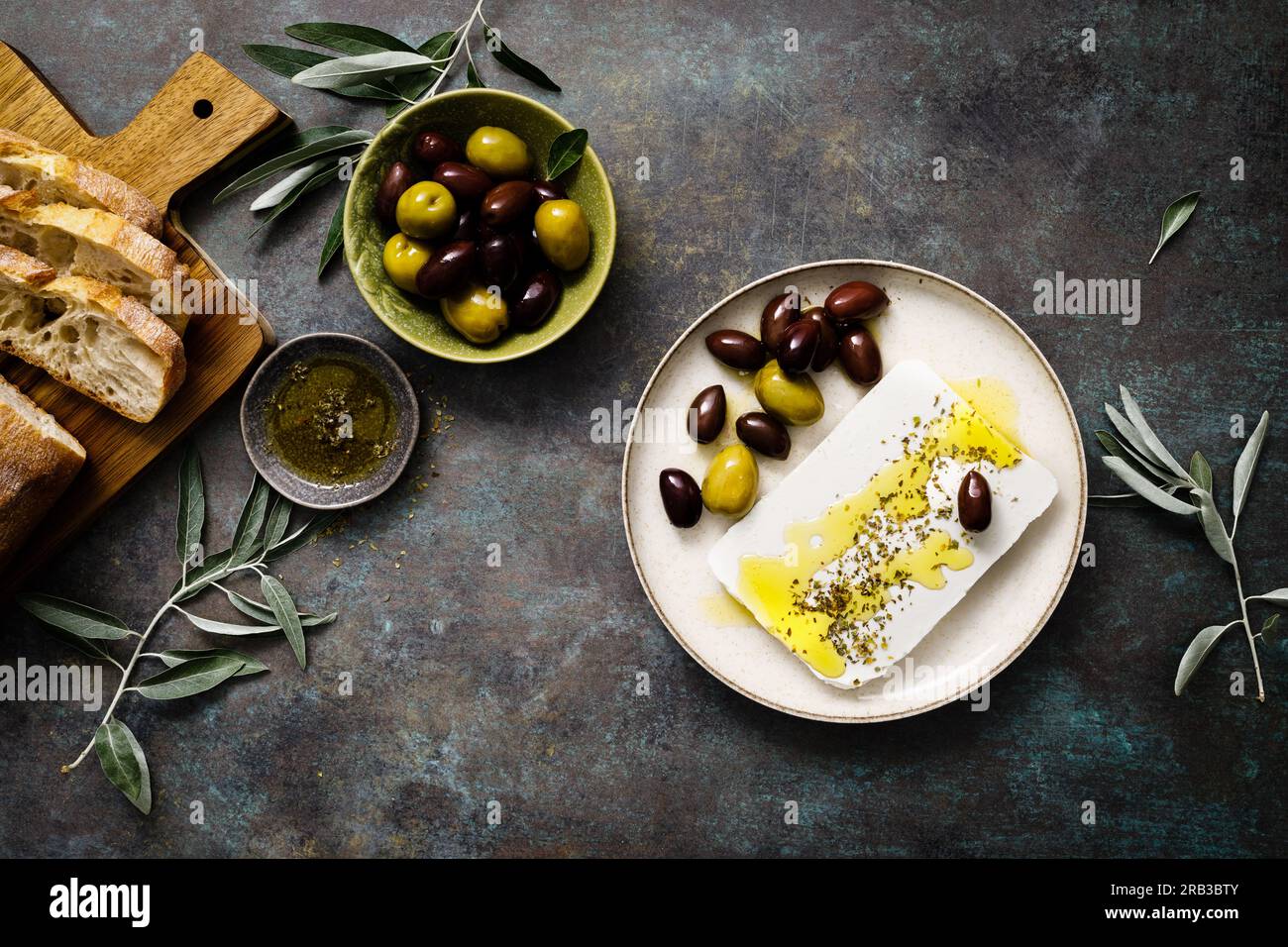 Feta cheese, olives and ciabatta, top view Stock Photo - Alamy