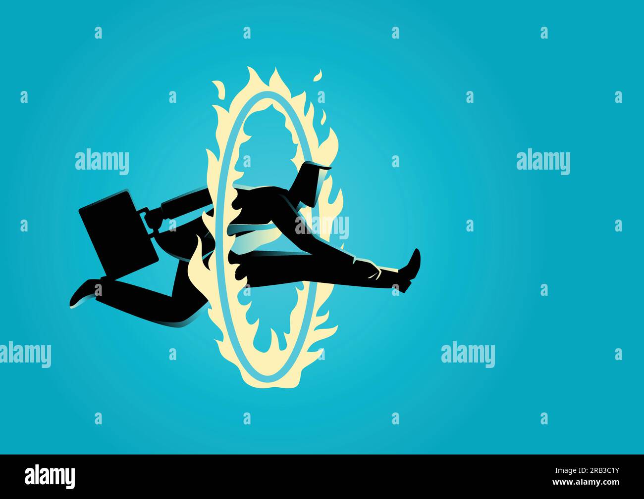 Business concept illustration. Businessman jumping through fire circle ...