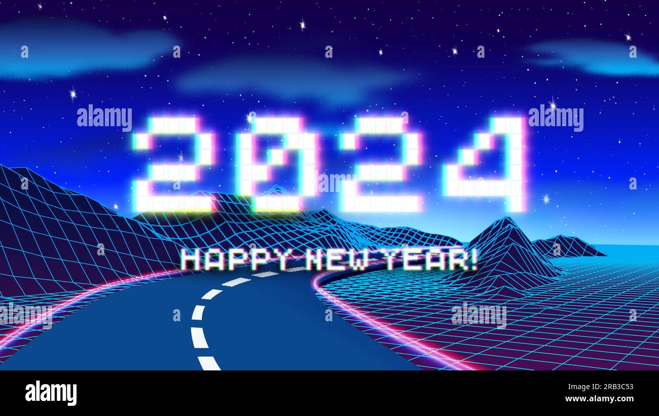 2024 New Year sign with glitched glowing pixels and road in 80s styled ...