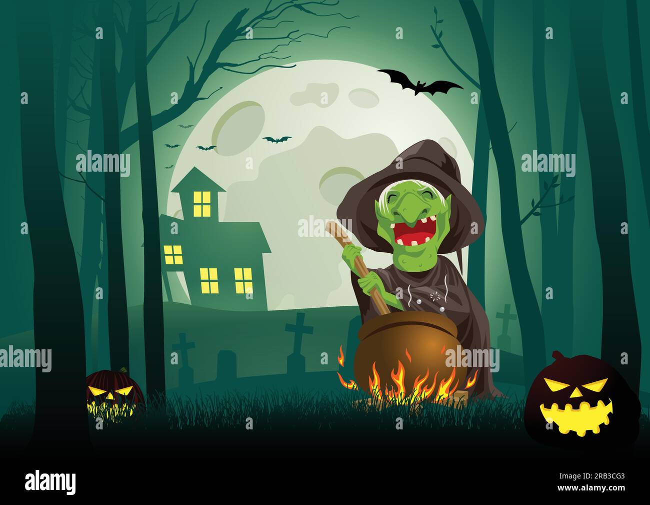 Cartoon illustration of a witch stirring concoction in the cauldron in ...