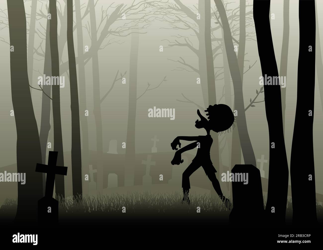 Silhouette illustration of a zombie walking on the graveyard in dark ...