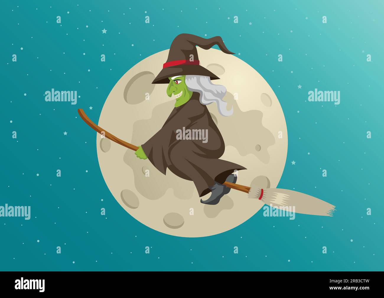 Cartoon of a witch flying with her broom during full moon, for ...