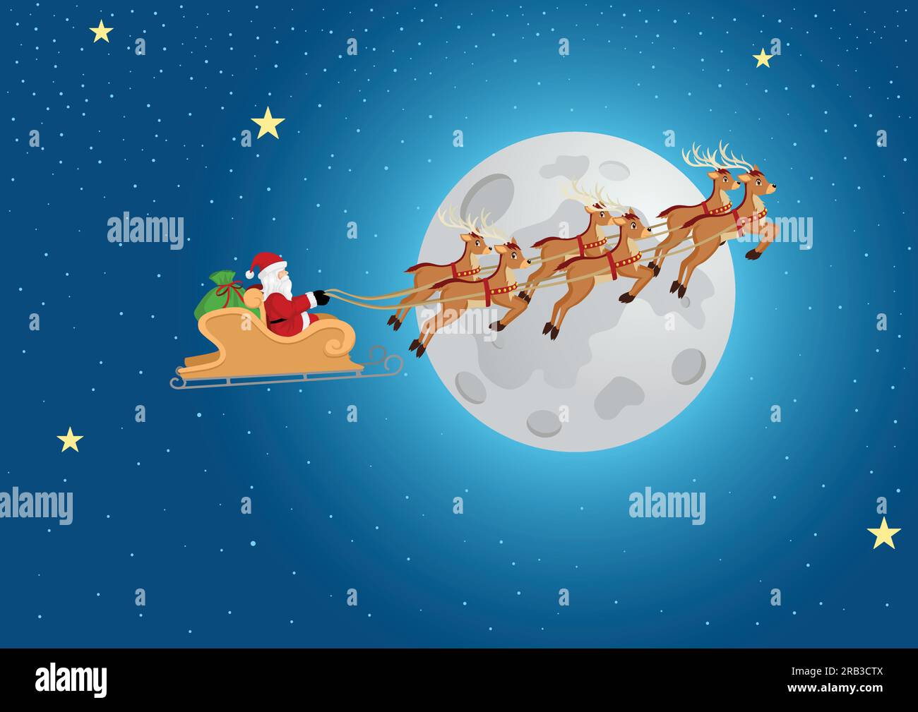 Cartoon illustration of Santa on sleigh and his reindeer flying against full moon Stock Vector ...