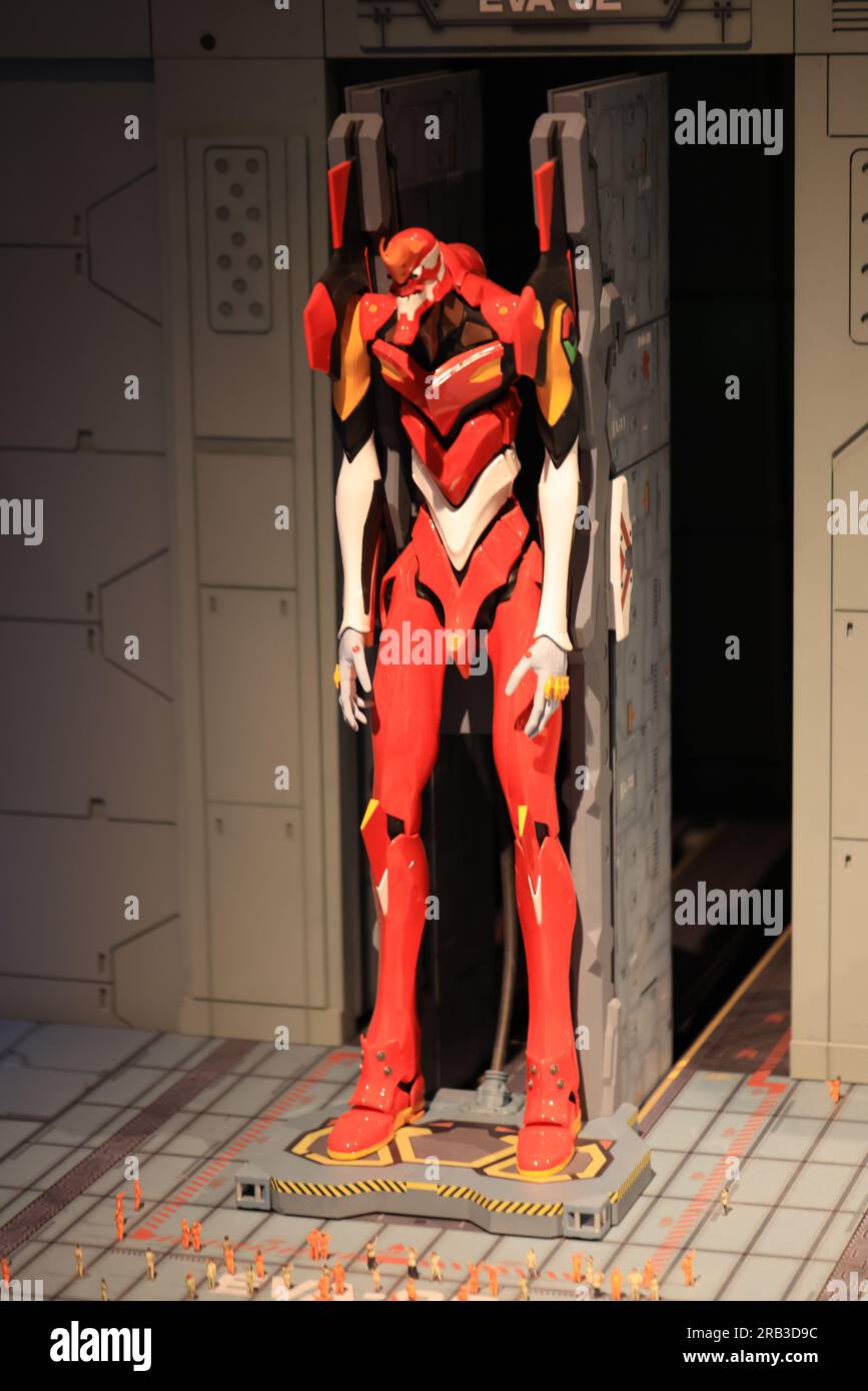 Tokyo - May 2 2023: the neon genesis evangelion display at small worlds ...