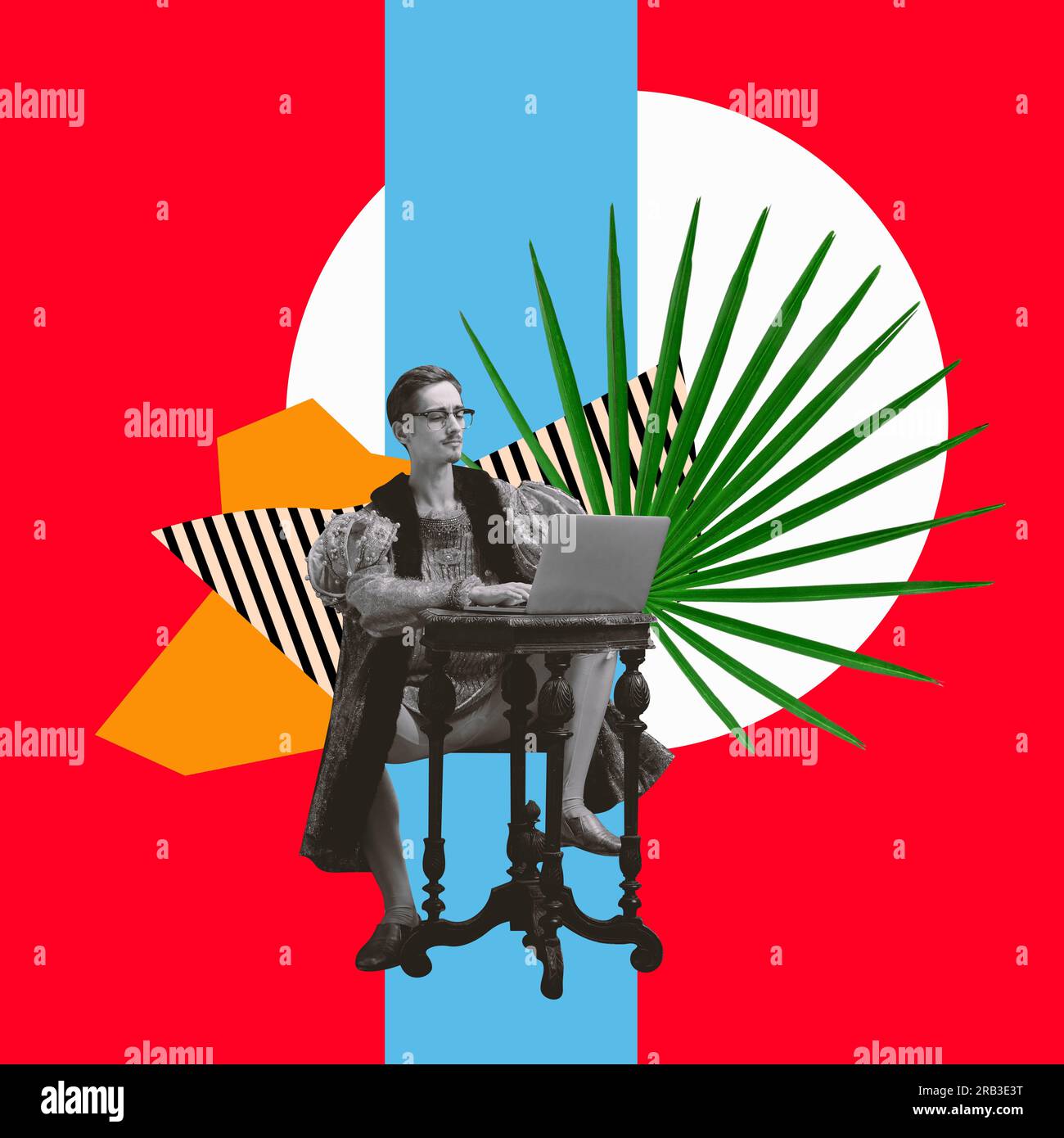 Contemporary art collage. Young man, prince, duke, royal person with ...