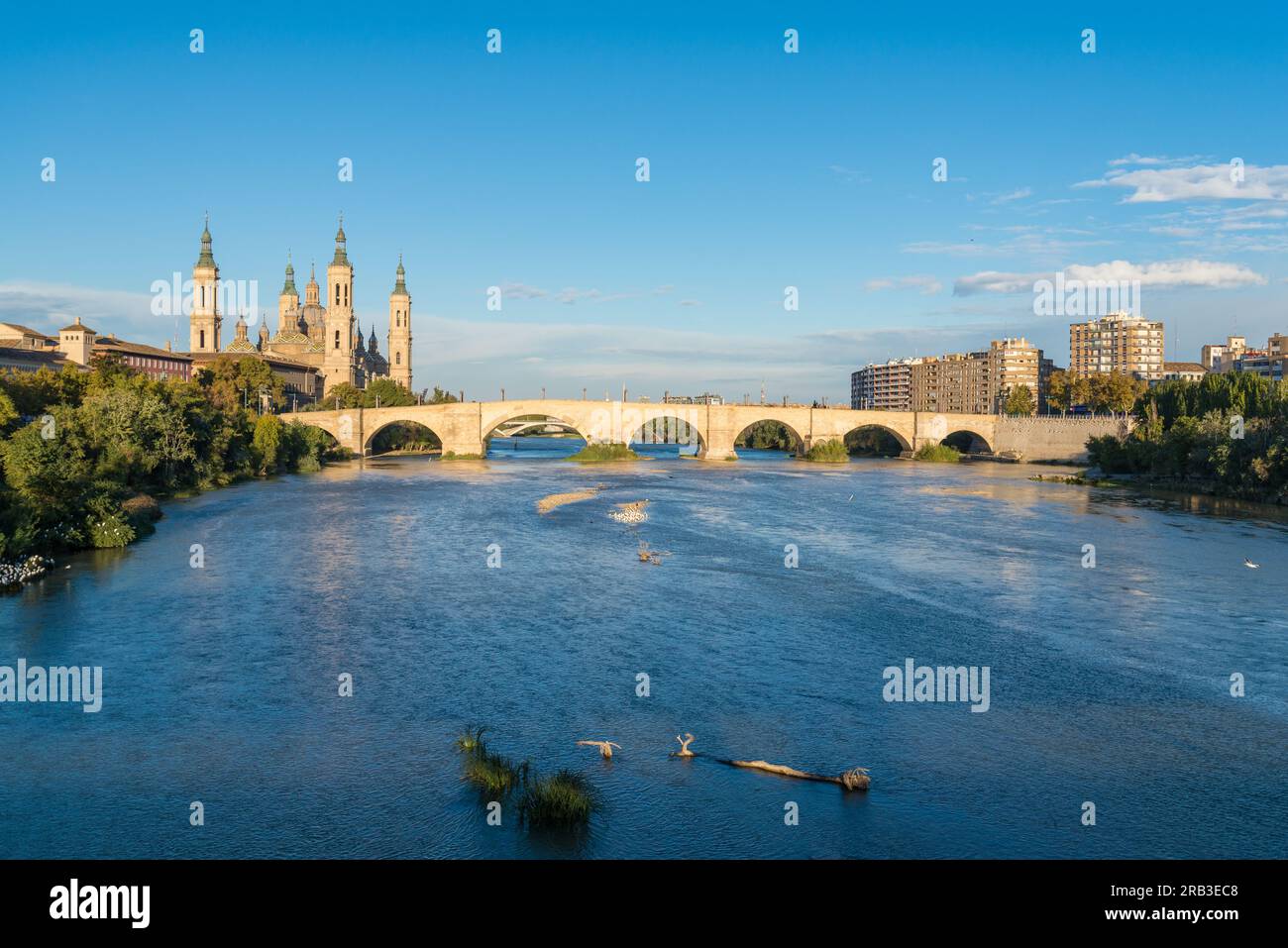 The famous church Basilica del Pillar and bridge near the river Ebro in ...