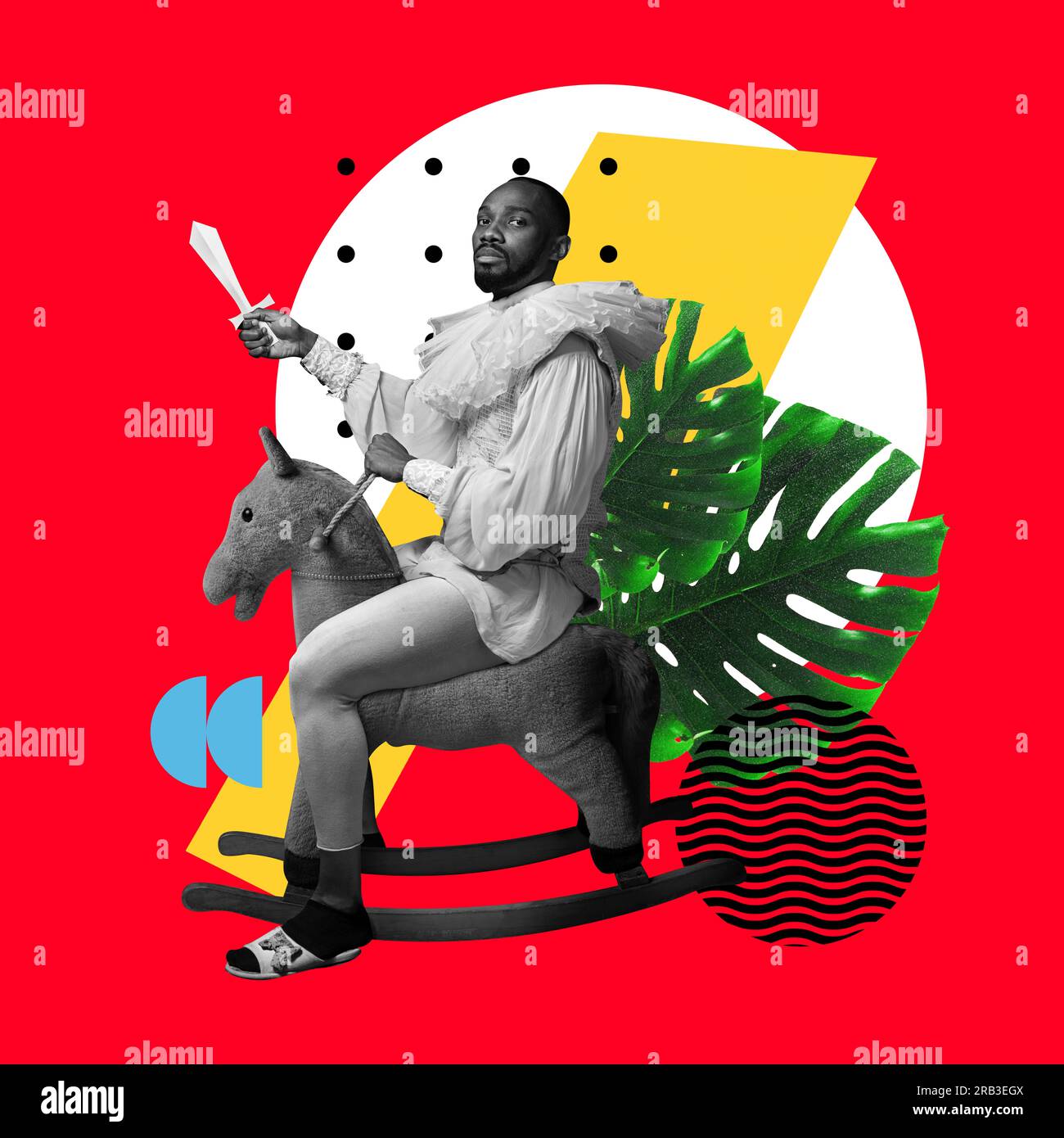 Contemporary art collage. Young african man as a medieval knight riding ...