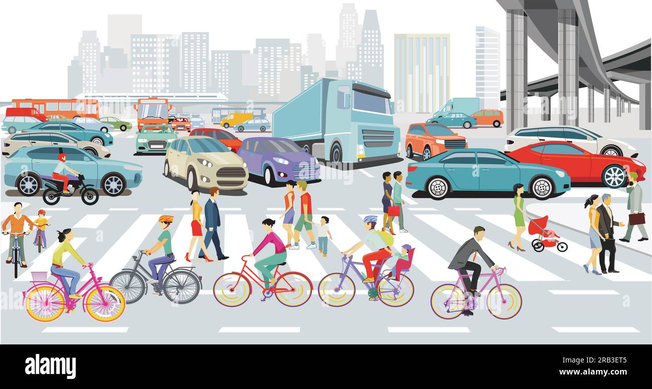 Urban silhouette of a big city with traffic and pedestrians, panorama ...