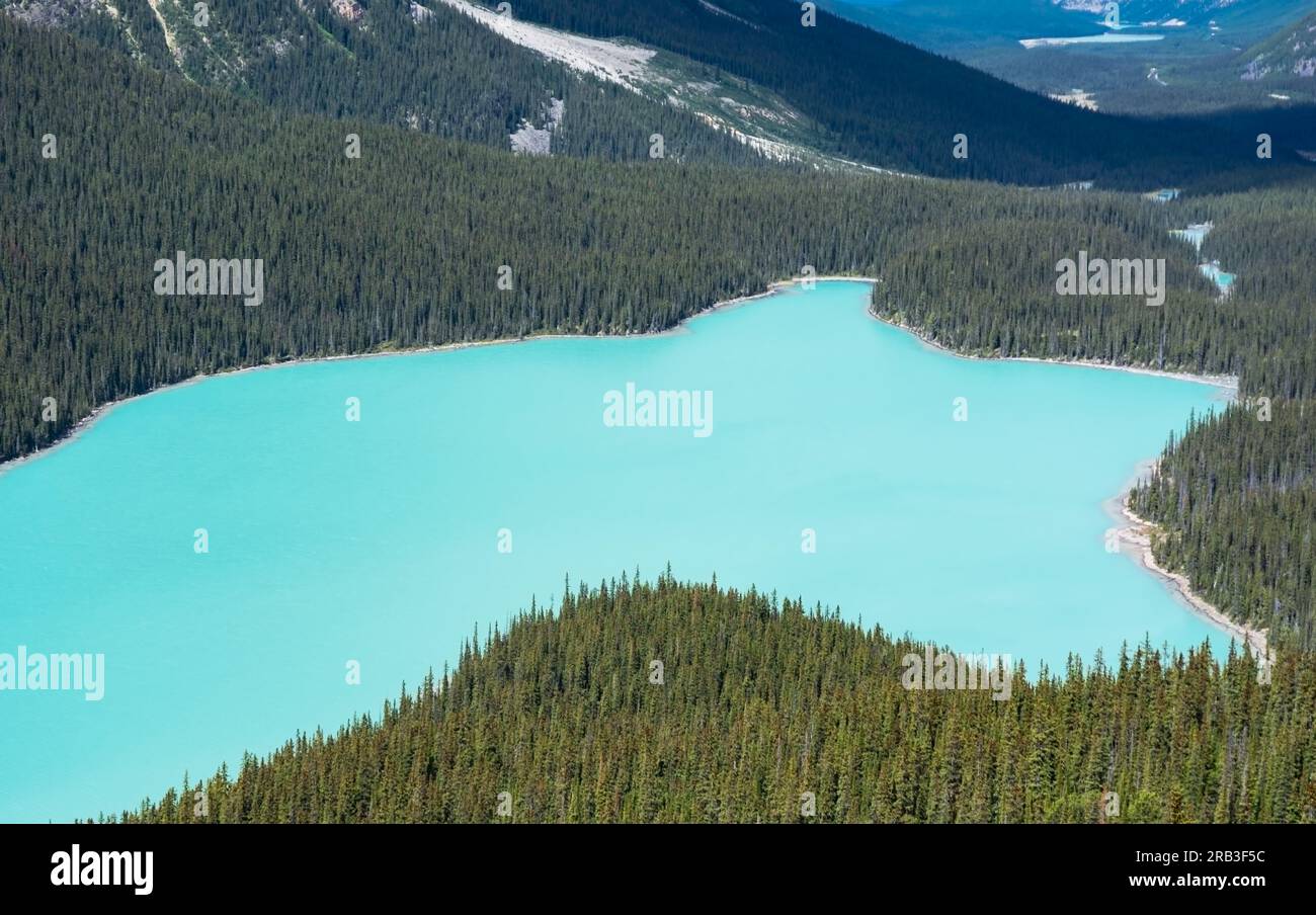A vibrant aqua color lake, shaped like a star and surrounded by forest ...