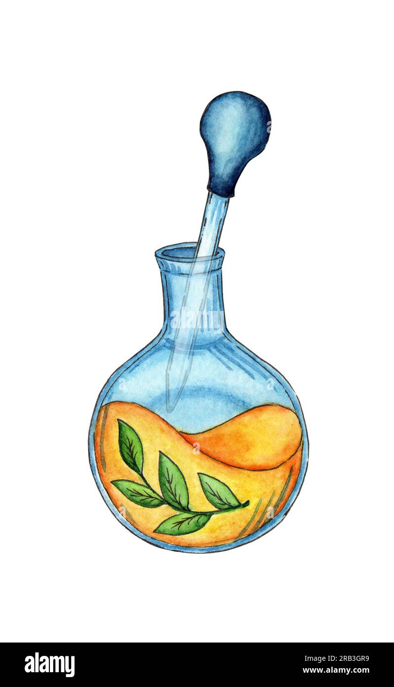 Watercolor illustration of a round flask with a yellow liquid and a ...