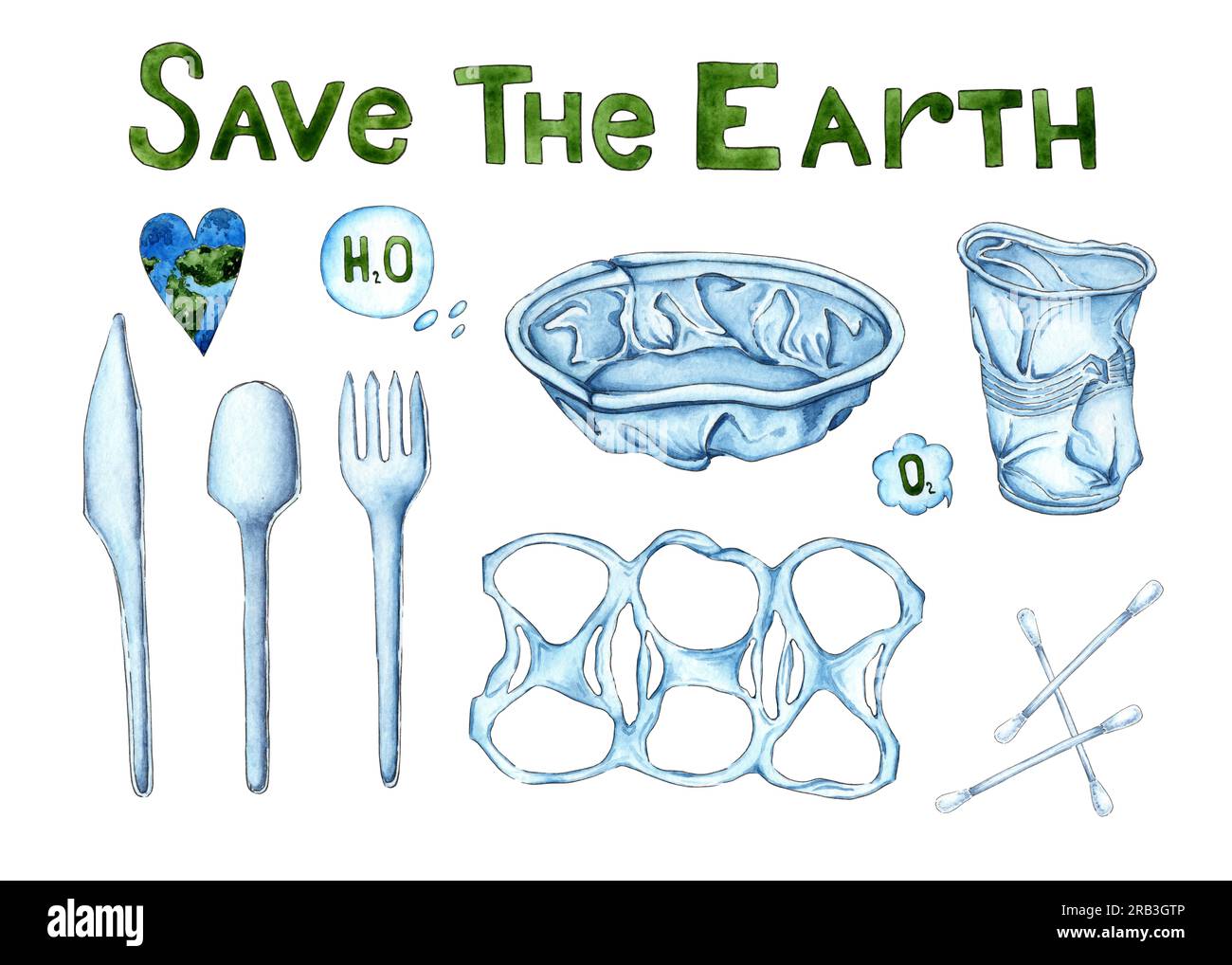 Watercolor illustration set of plastic trash. Disposable plate, glass ...