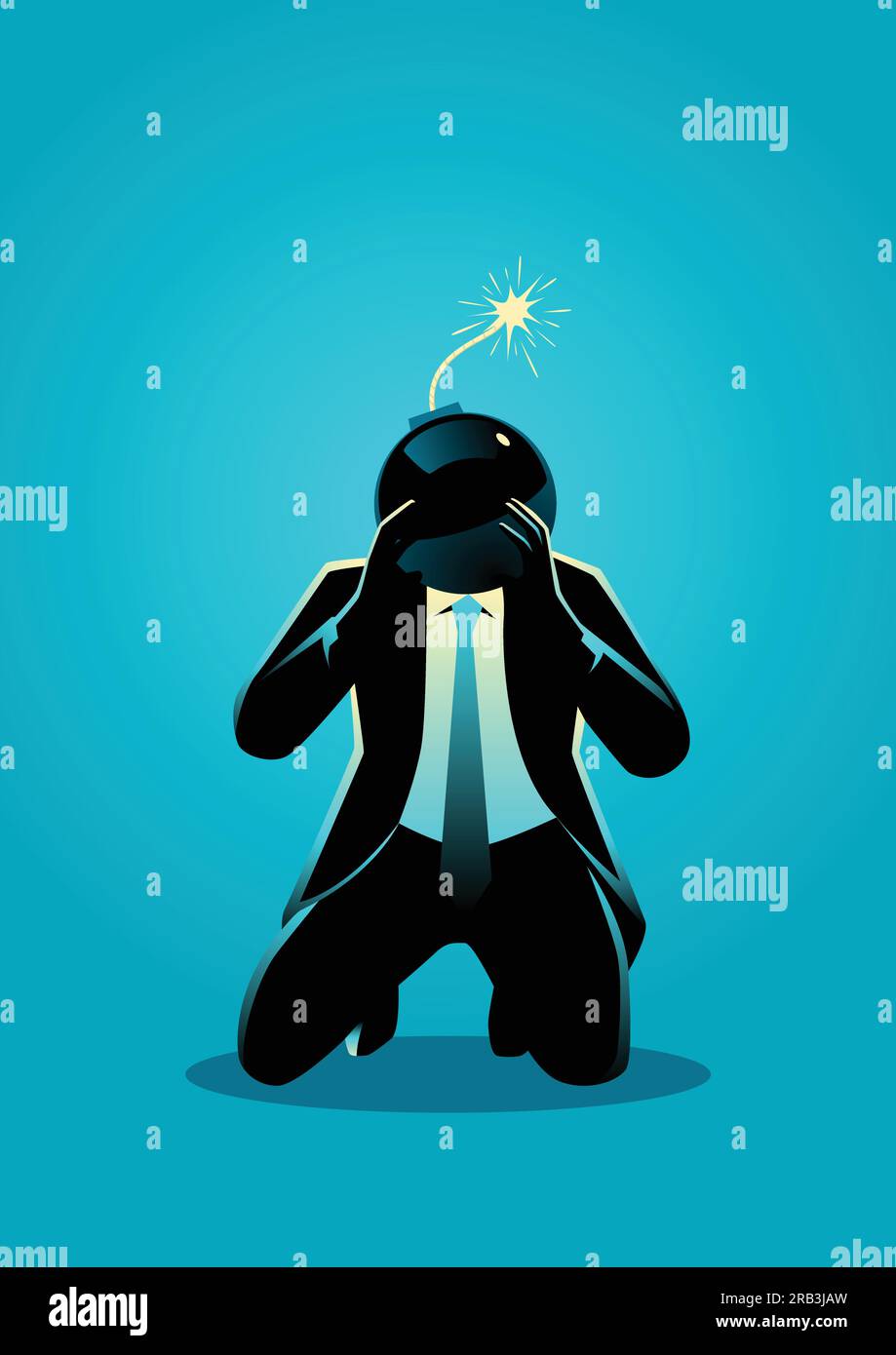Business concept illustration of a kneel down businessman with bomb ...