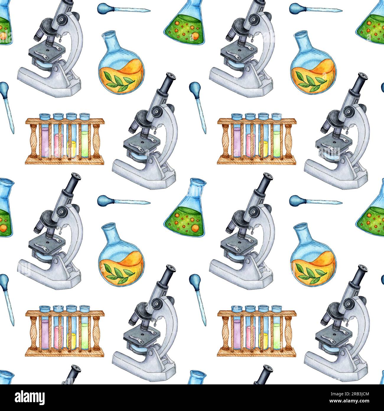 Watercolor illustration of a pattern of a microscope, flasks and test ...