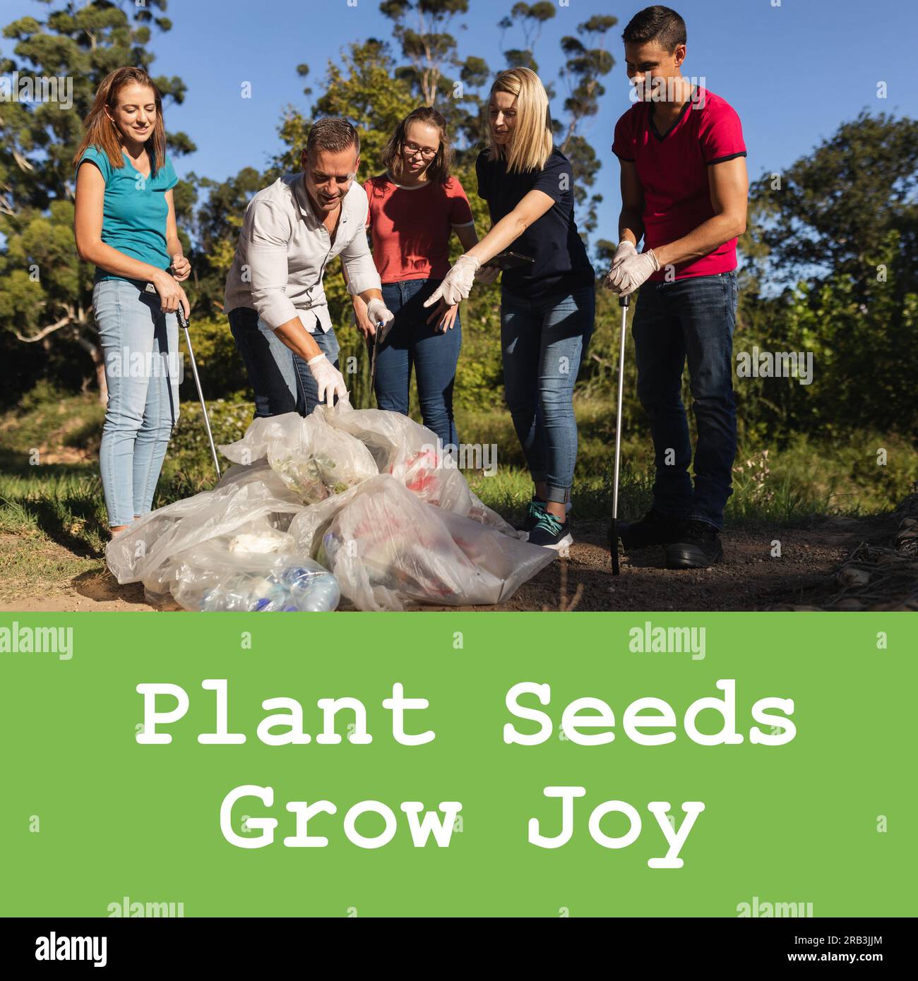 Composition of plant seeds grow joy text over caucasian volunteers ...