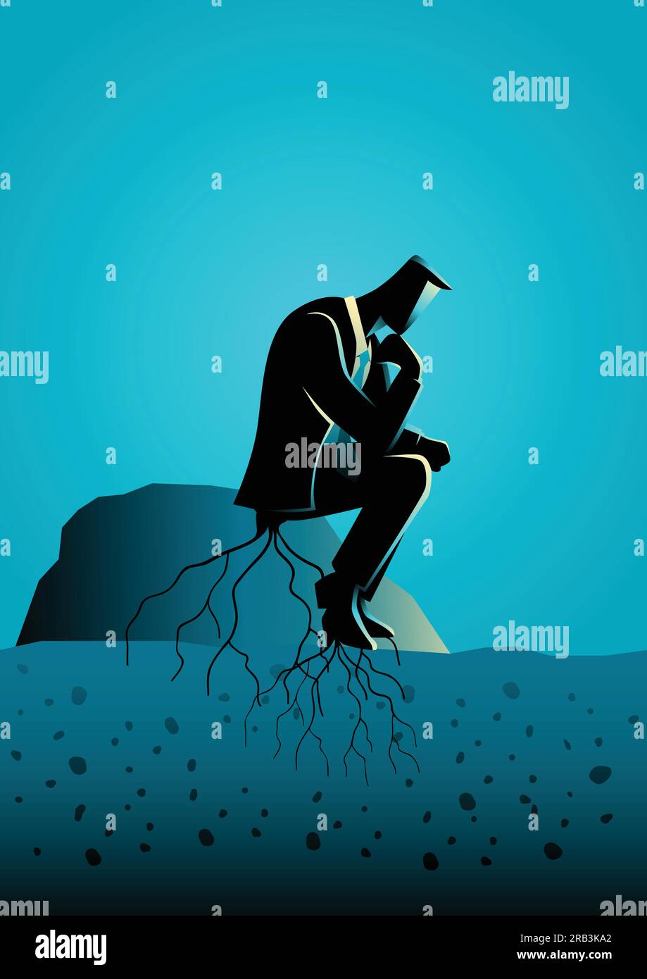 Business concept illustration of a pensive businessman sitting on a ...