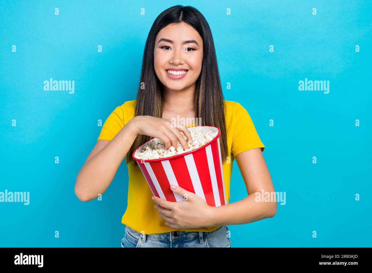 Photo of korean young girl relax weekend entertainment hold bucket ...