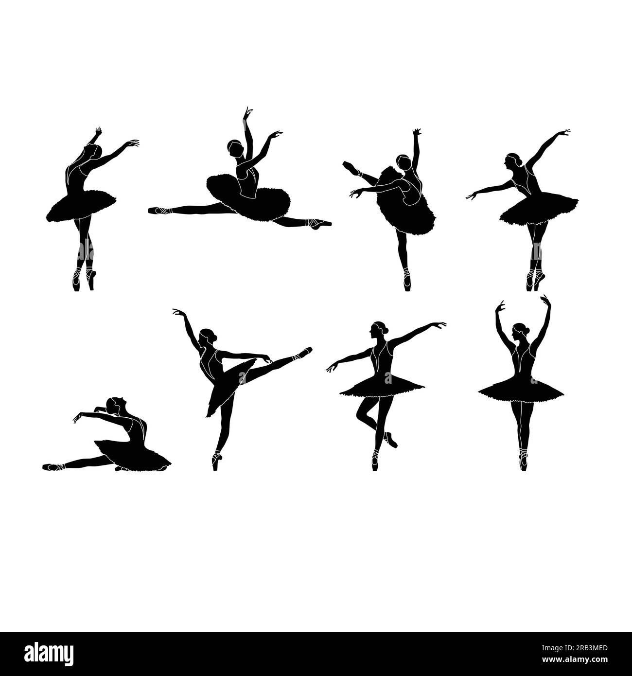 Set of 8 ballerina silhouette flat vectors on white background. Collection of ballet dance moves ...