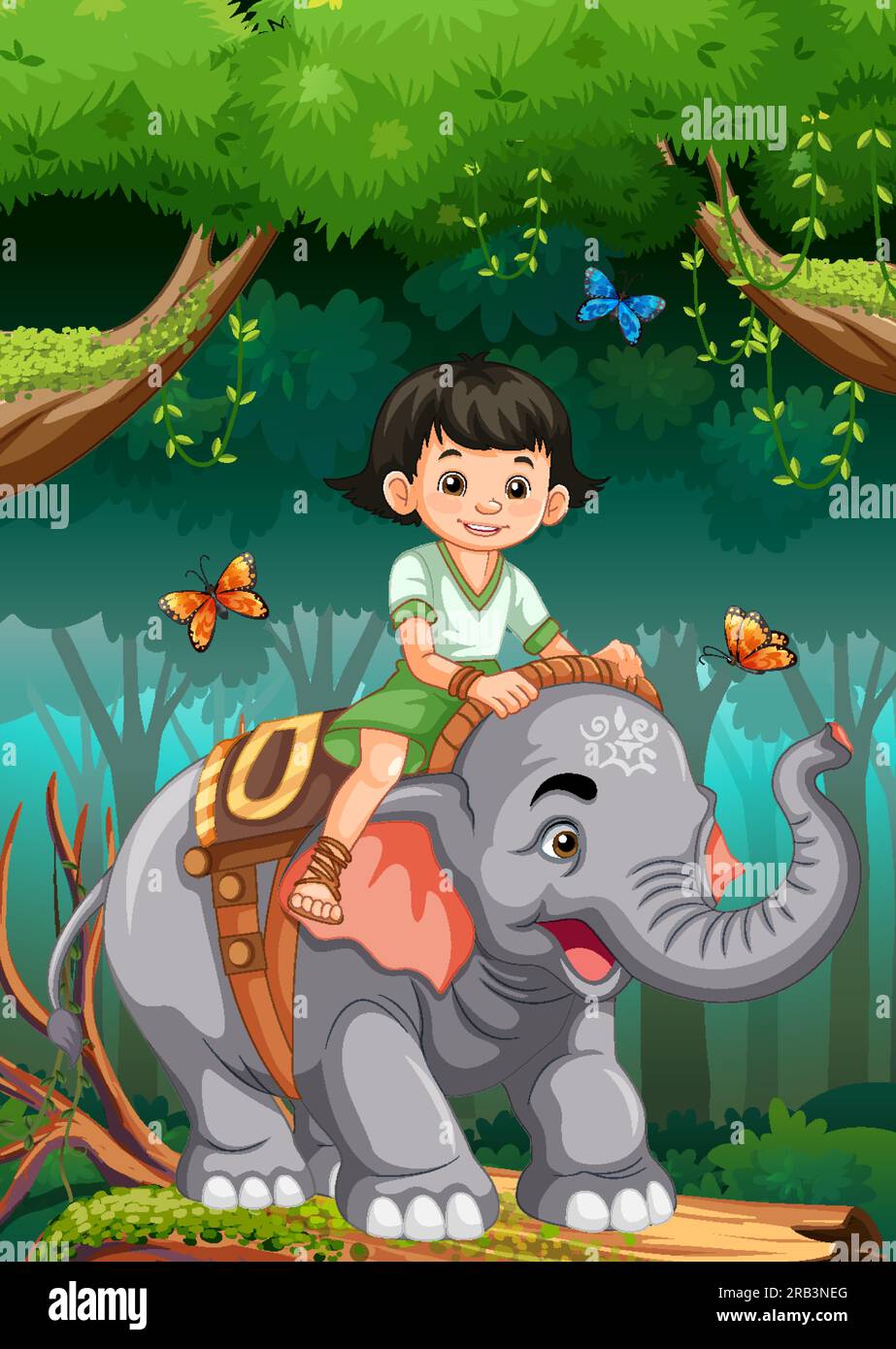 Happy Girl Riding Elephant in the Jungle illustration Stock Vector ...