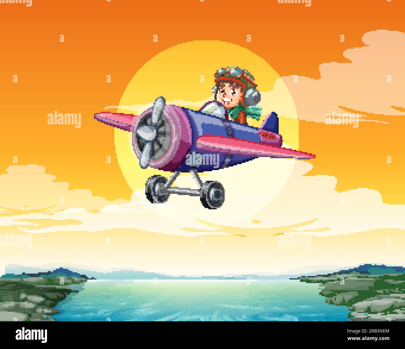 Pilot flying plane over the sea illustration Stock Vector Image & Art ...