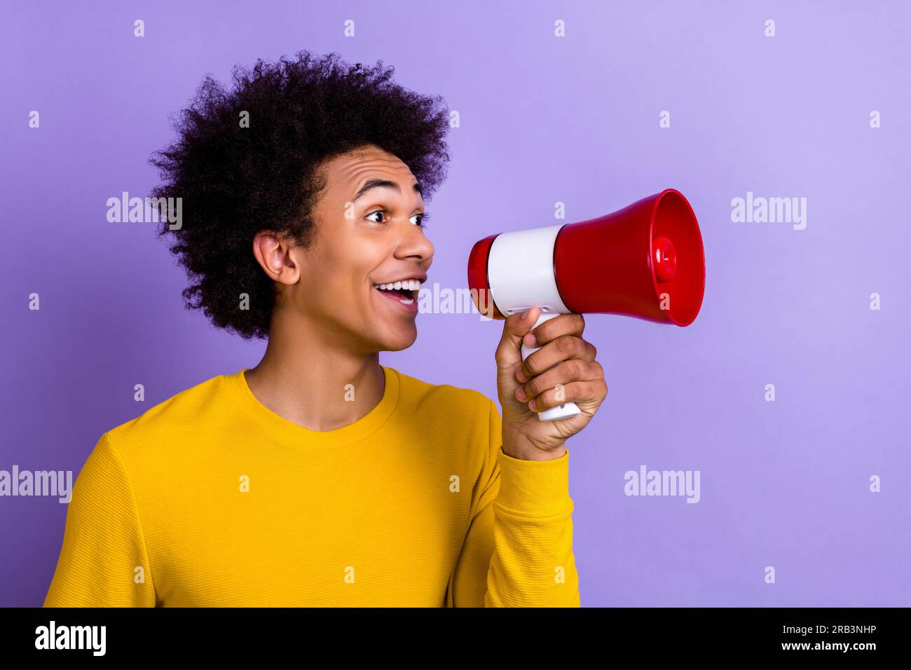 Photo of crazy protest demonstration activist young guy hold ...
