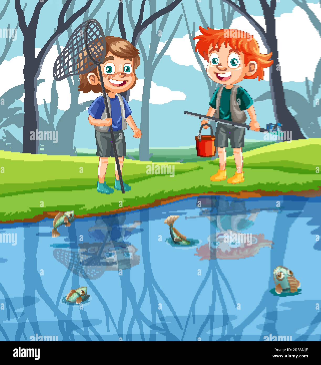 Kids Cartoon Characters Exploring Pond in Forest Scene illustration ...
