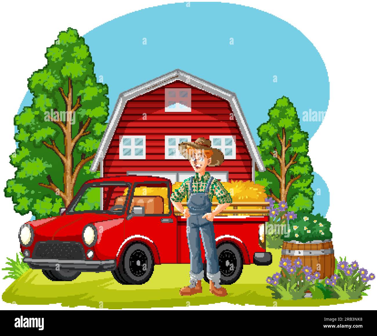 Farm scene with farmer man character illustration Stock Vector Image ...