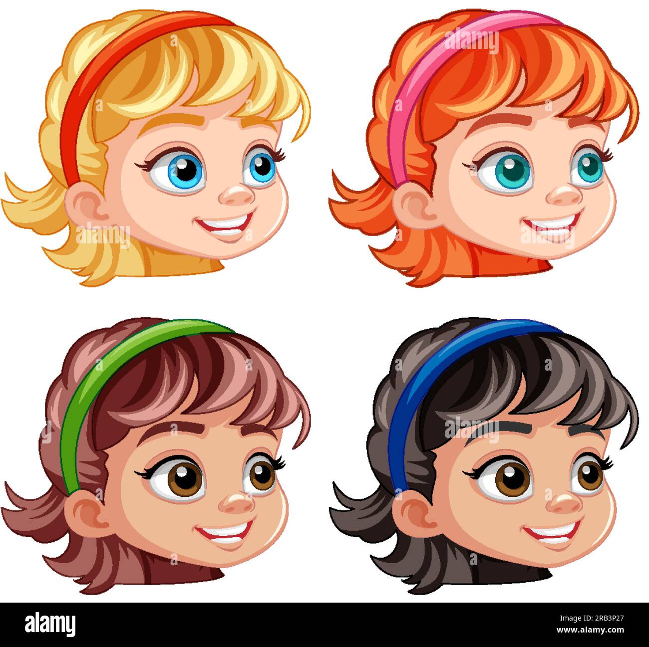 Set of girl cartoon head different hair colour illustration Stock ...