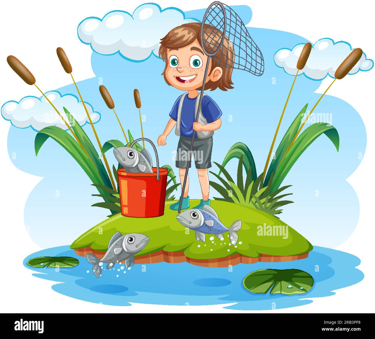 Cartoon Girl Fishing in the Pond illustration Stock Vector Image & Art ...