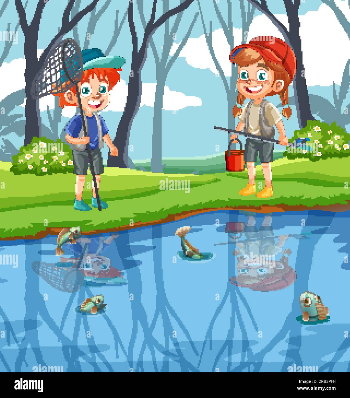 Kids Cartoon Characters Exploring Pond in Forest Scene illustration ...