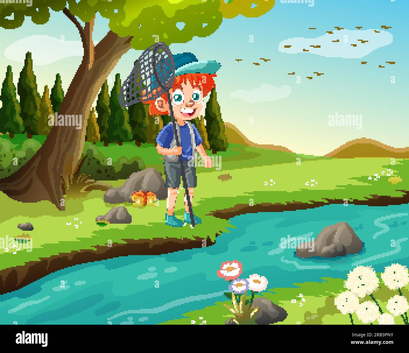 Fisherman fishing in nature holding fishing net illustration Stock ...