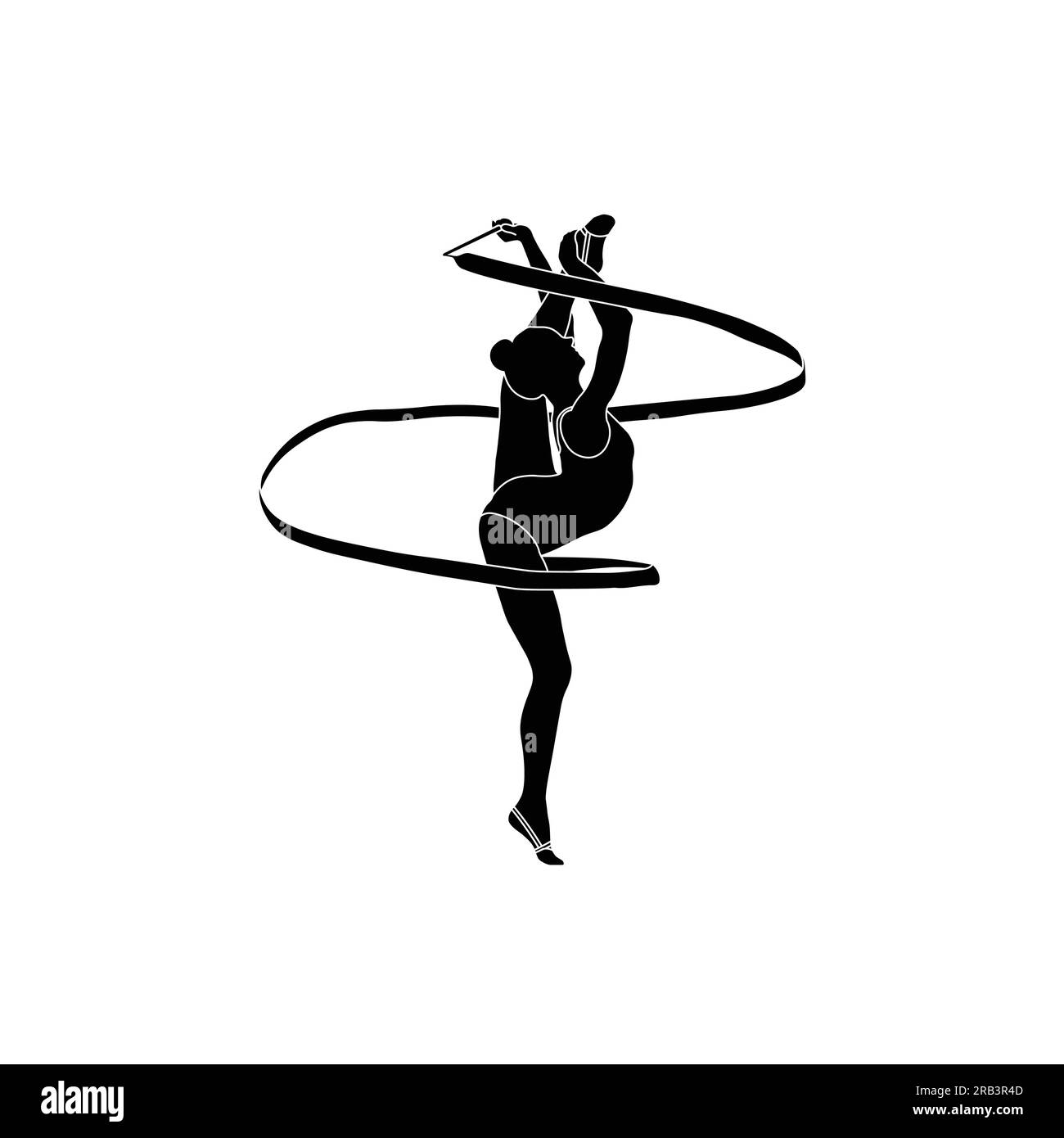 Rhythmic Gymnastics with ribbon flat sihouette vector. Black and white ...