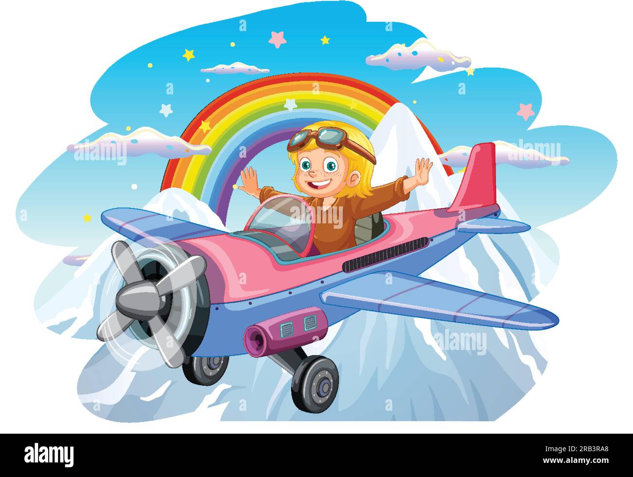 Girl pilot flying airplane over the mountain illustration Stock Vector ...