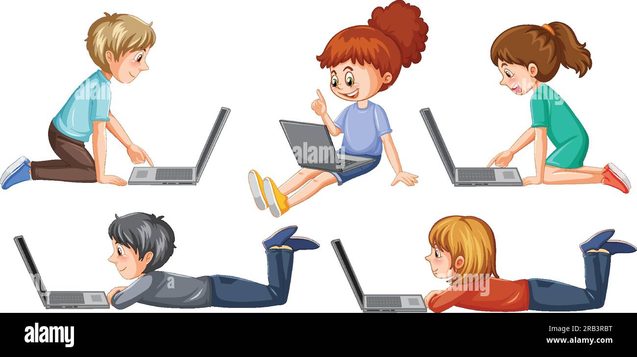 Cartoon Kids Using Laptops for Online Learning illustration Stock ...
