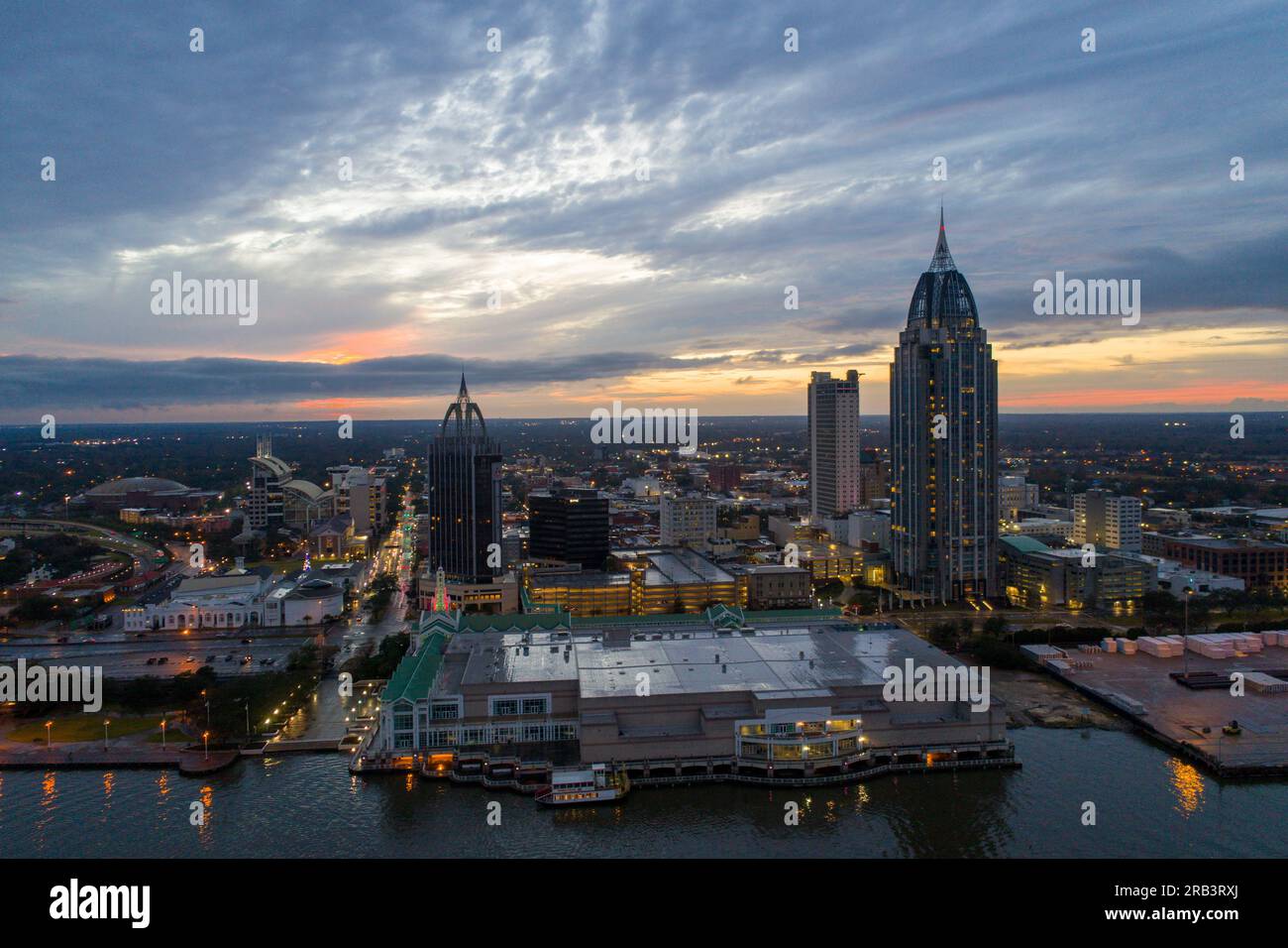 Drone photography of the downtown Mobile, Alabama waterfront at sunset ...