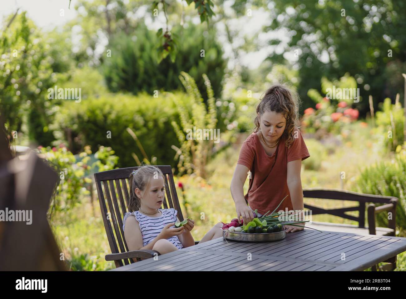 two girls in the summer garden behind the house eating vegetables Stock ...