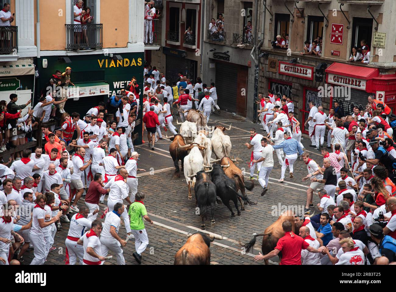 Pamplona, Spain. 07th July, 2023. Bulls chase people during the ...