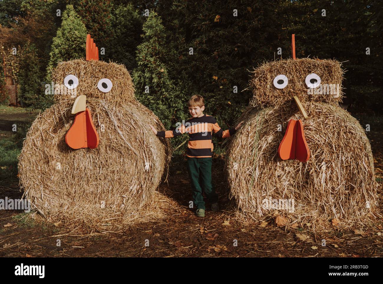 Smiling boy at a farm with funny haystacks Stock Photo - Alamy