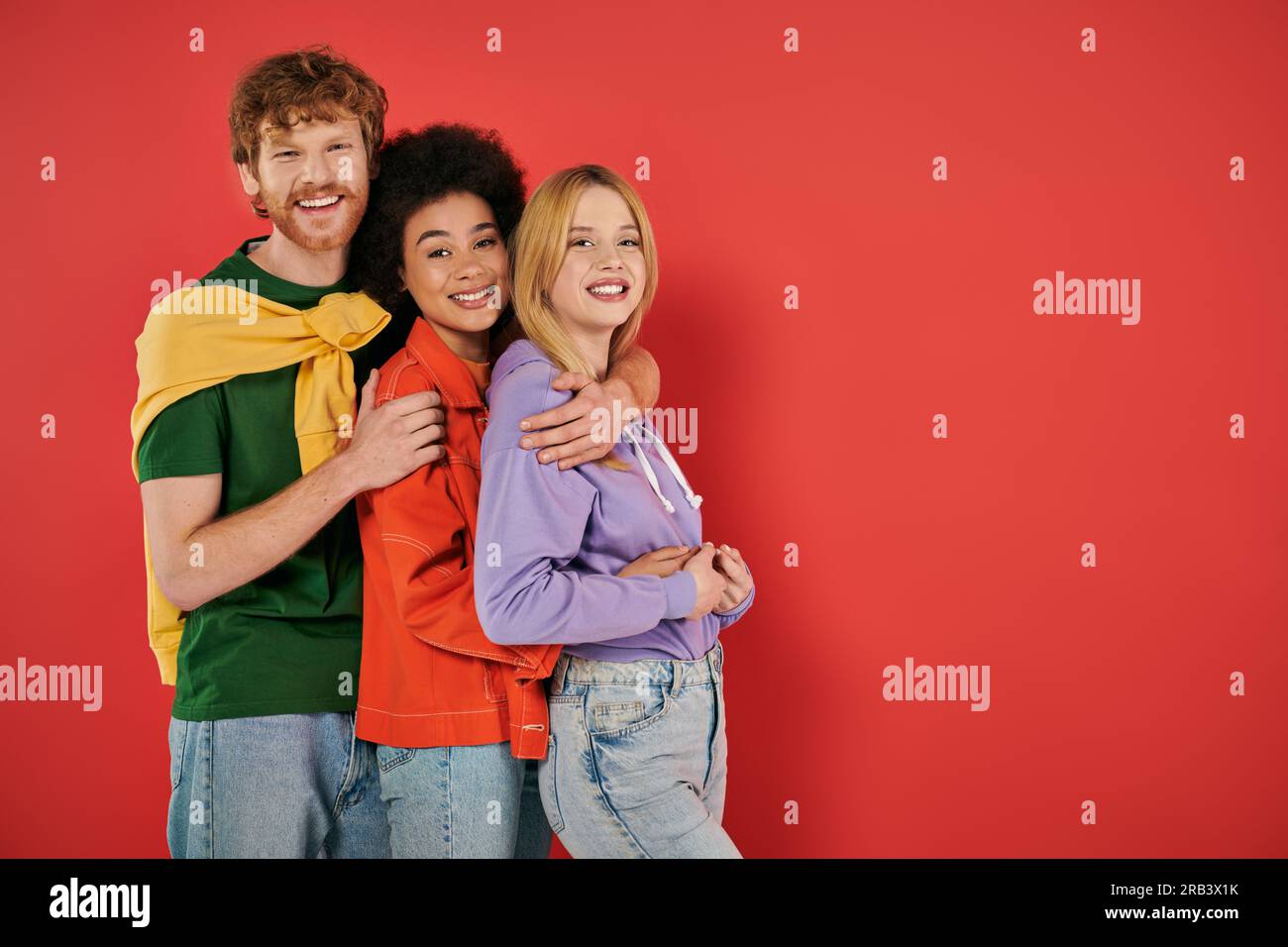 polyamorous concept, three interracial lovers hugging each other ...