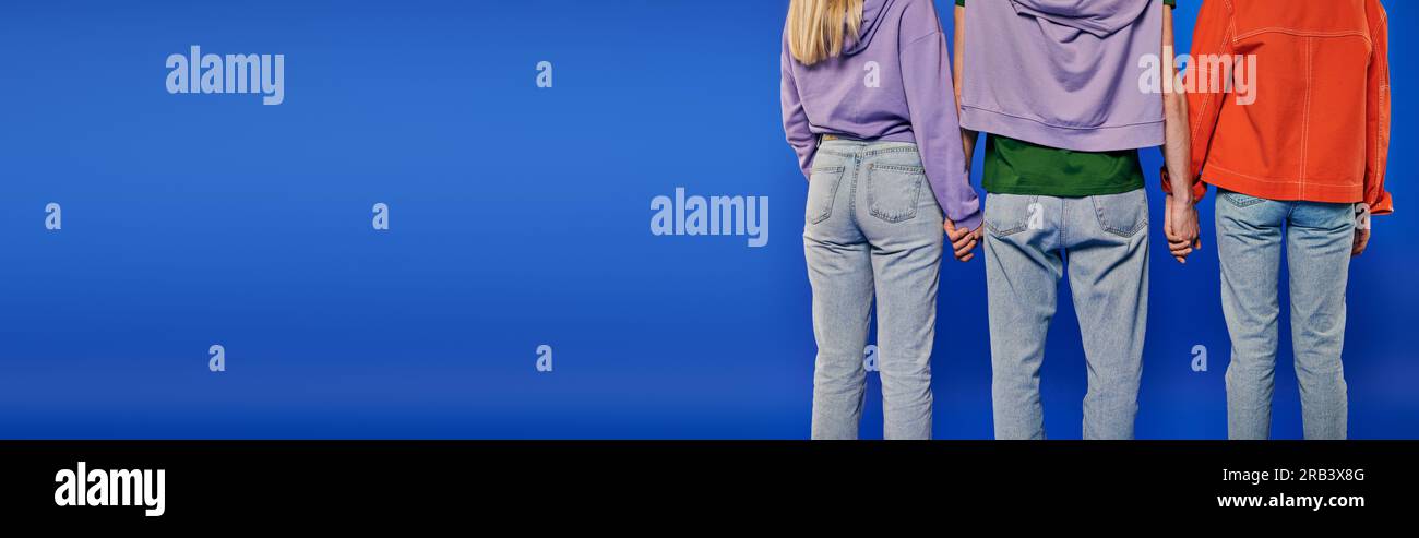 polygamy, back view of polyamory three people, young man and women ...