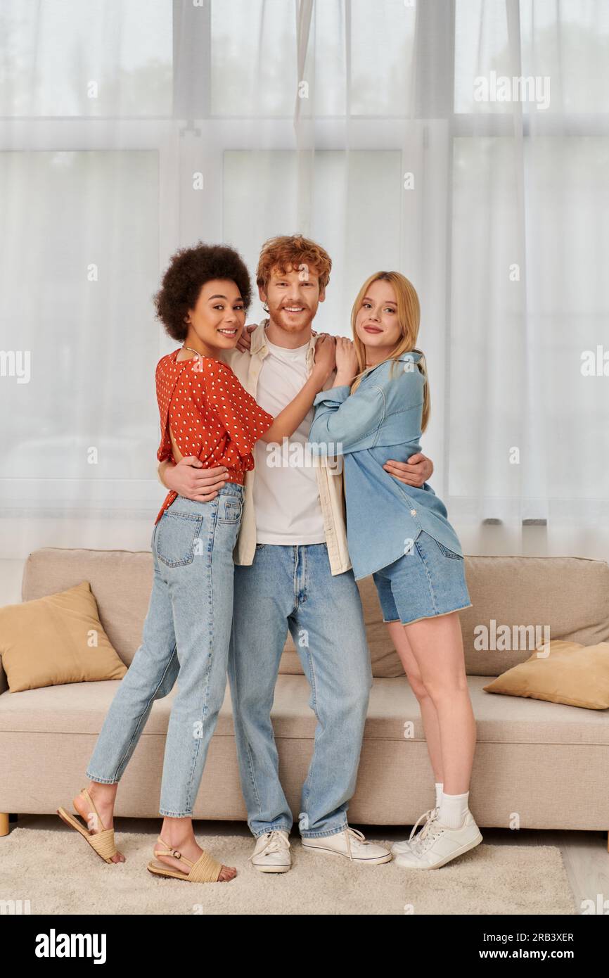 Polygamy And Love Concept Three Adults Happy Redhead Man Hugging With