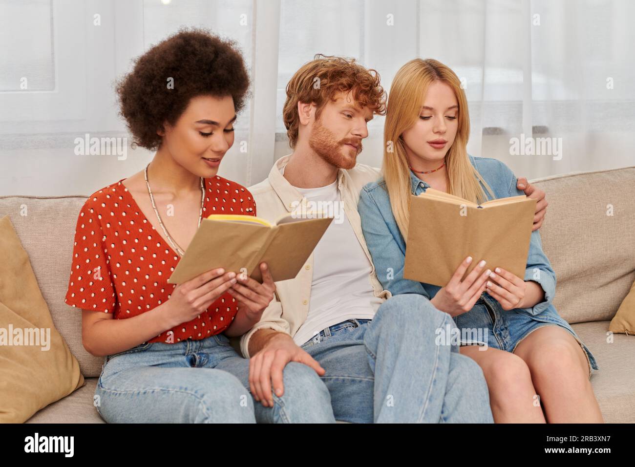 polygamy concept, intelligent multicultural women reading books near ...