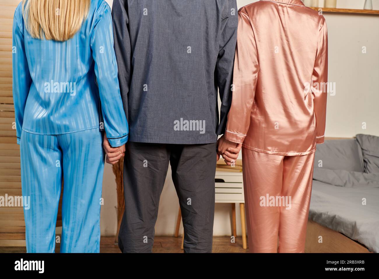 polygamy concept, back view of man holding hands with women at home ...