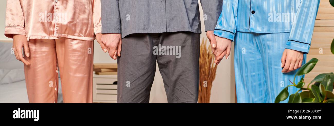polyamory lovers, cropped view of man holding hands with women at home ...