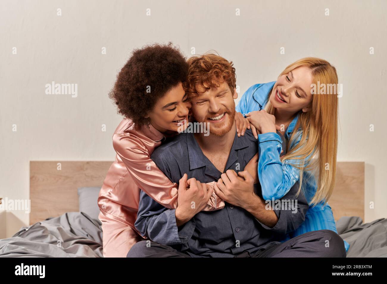 Open Relationship Polygamy Happy Multicultural Women Hugging Cheerful