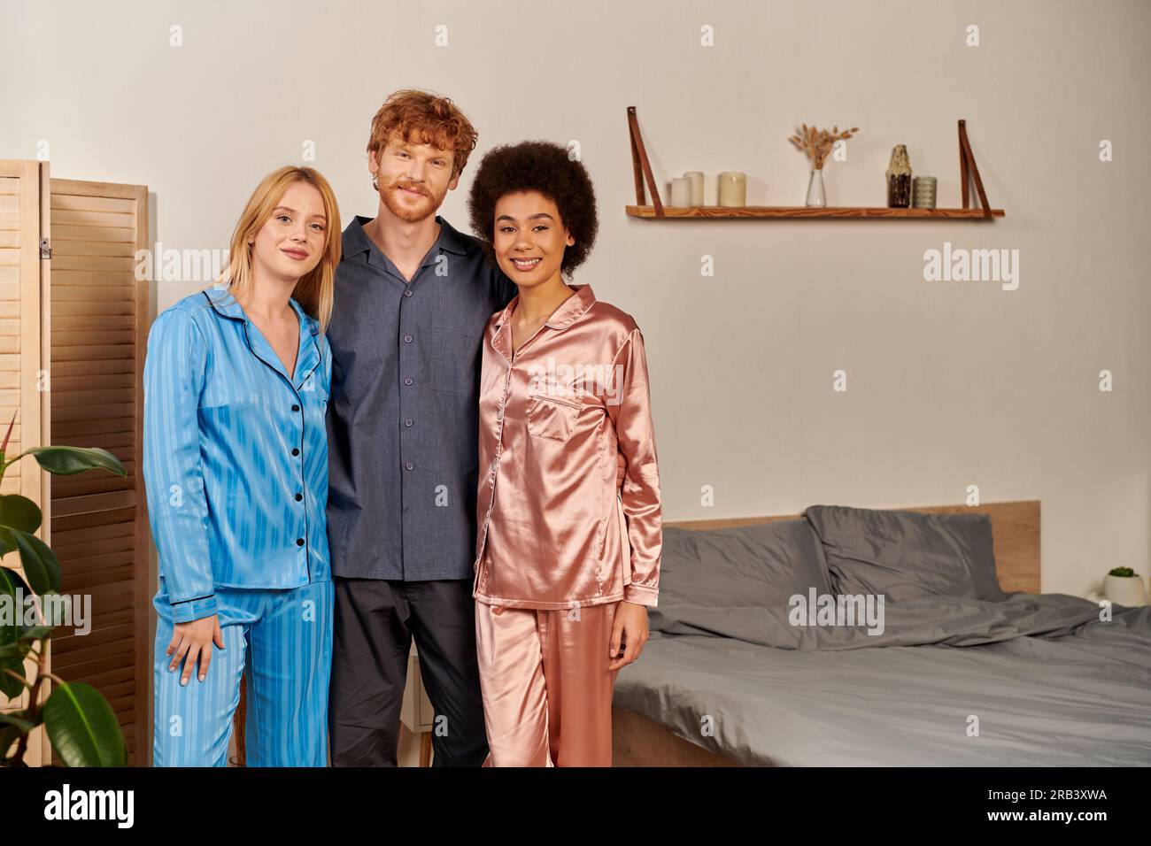 Polygamy Lovers In Pajamas Happy Man With Red Hair Hugging Interracial