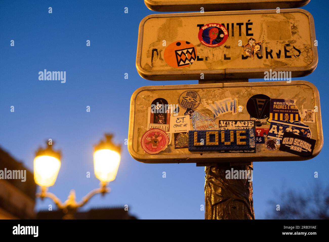 Sticker art, including the word 'LOVE' in Lego bricks, on a parking ...