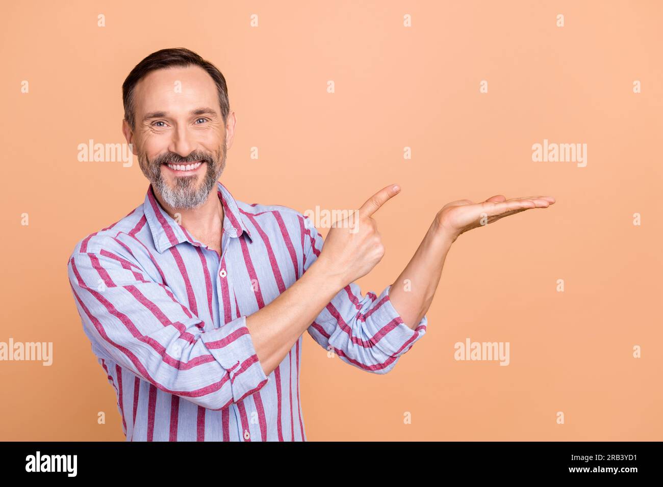 Photo of positive corporate manager toothy smile indicate finger arm ...