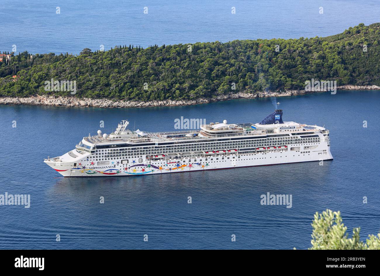 Aerial view of the cruise ship Norwegian Star anchored near Lokrum ...