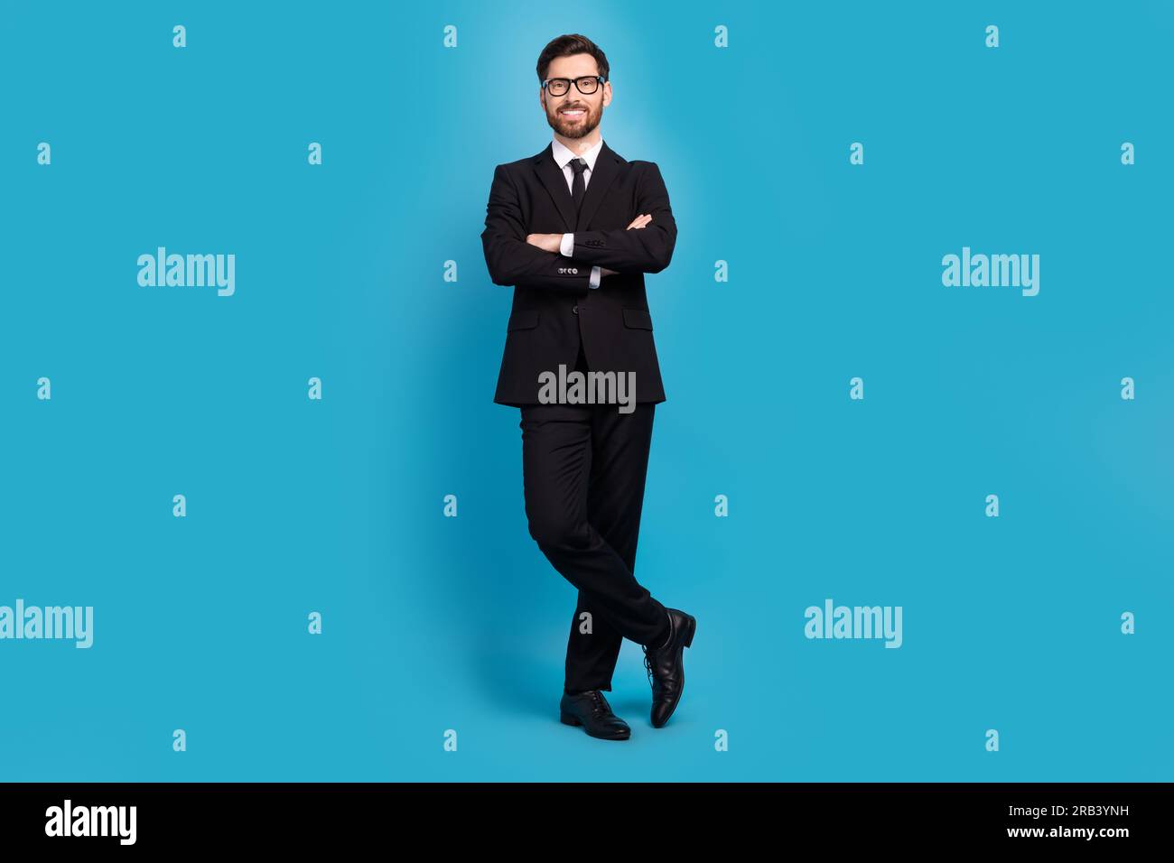 Full body cadre of confident optimistic smile young businessman crossed ...